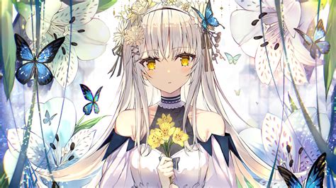 Wallpapers Wallpaper Beautiful Anime Girl White Hair Butterflies