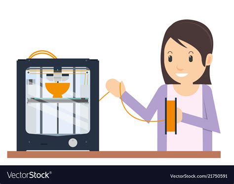 Young Girl Printing A Prototype Using 3d Printer Vector Image