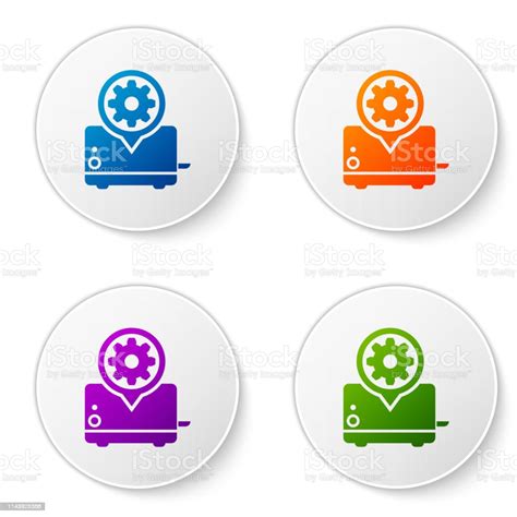 컬러 토스터와 기어 아이콘 흰색 배경에 고립 조정 응용 프로그램 서비스 개념 설정 옵션 유지 보수 수리 고정 원 버튼에 아이콘을 설정 합니다 벡터 일러스트 가정 생활에 대한