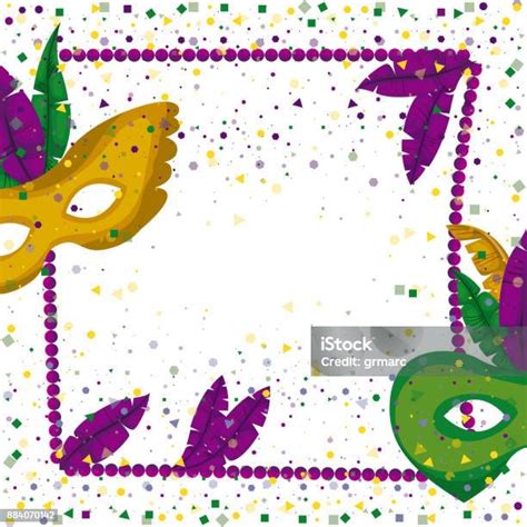 깃털 및 마스크 녹색과 화려한 색종이 배경 위에 노란색 보라색 목걸이 프레임 카니발 마디 그 라 포스터 Mardi Gras에 대한 스톡 벡터 아트 및 기타 이미지 Istock