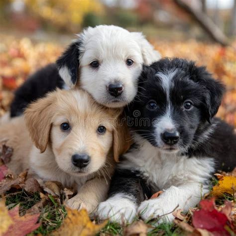 Three Cute Puppies Snuggled Together On Autumn Leaves Stock Image
