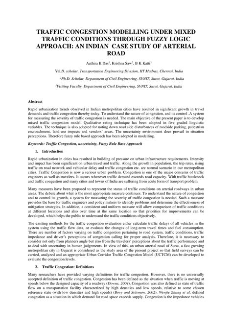 Pdf Traffic Congestion Modelling Under Mixed Traffic Conditions Through Fuzzy Logic Approach