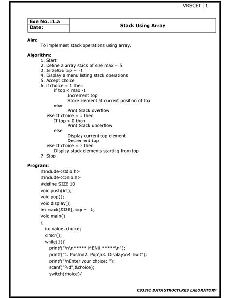 Ds Lab Manual 2022 Exe No 1 Date Stack Using Array Aim To