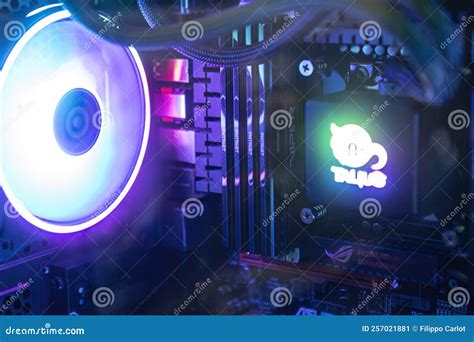 Close Up Desktop PC Gaming And Water Cooling Cpu With LED RGB Light Show Status Editorial Photo
