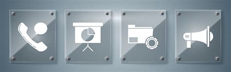 설정 메가폰 기어와 폴더 설정 그래프와 프리젠 테이션 금융 보드 차트 다이어그램 인포 그래픽 원형 그래프 전화 단말기 및 음성