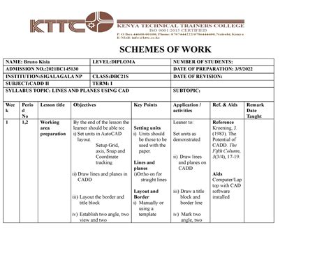 schemes of work cadd ii schemes of work name bruno kisia level