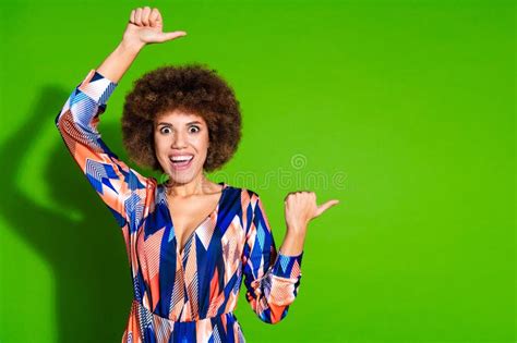 Photo Of Glad Cheerful Woman Wear Trendy Clothes Two Arms Above Head