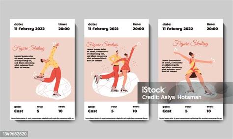 남녀 스케이터와 함께 피겨 스케이팅 티켓 3장으로 세팅 트렌디 한 색상의 플랫 벡터 일러스트레이션 겨울 스포츠 아이스 댄서 챔피언십 경쟁 활동 현대 디자인 템플릿 아이스