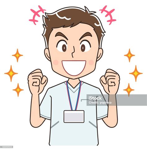 희끄무레한 유니폼을 입은 젊은 간호사 그는 긍정적 인 감정을 가지고있다 간호사에 대한 스톡 벡터 아트 및 기타 이미지 간호사 건강관리와 의술 긍정적인 감정 표현