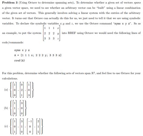 Solved Problem 3 Using Octave To Determine Spanning Sets