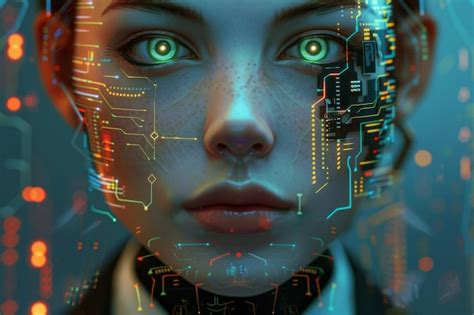 Premium Photo Front View Of The Woman Human Face And Computer Symbiosis Bioengineering