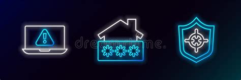 Set Line Shield Laptop With Exclamation Mark And House Password Icon Glowing Neon Vector