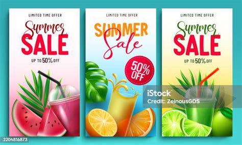 여름 세일 벡터 포스터 세트입니다 여름 세일 텍스트 열대 제철 과일과 음료가 포함된 기간 한정 제공 개체 그룹에 대한 스톡 벡터 아트 및 기타 이미지 Istock