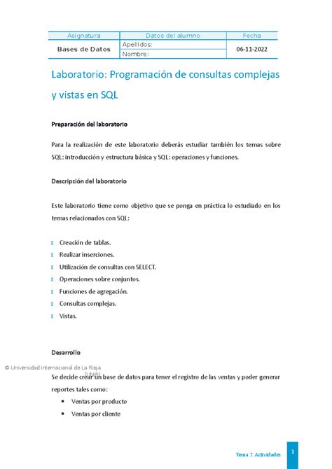 Programación de consultas complejas y vistas en SQL Bases de Datos Apellidos Nombre
