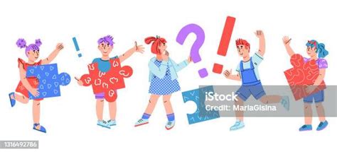 똑똑한 똑똑한 아이들이 질문을하고 솔루션 만화 벡터를 가지고있다 물음표에 대한 스톡 벡터 아트 및 기타 이미지 물음표 퍼즐 아이 Istock