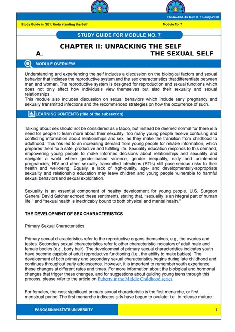 GE1 Module 7 Sexual Self Reviewer CHAPTER II UNPACKING THE SELF A THE SEXUAL SELF MODULE