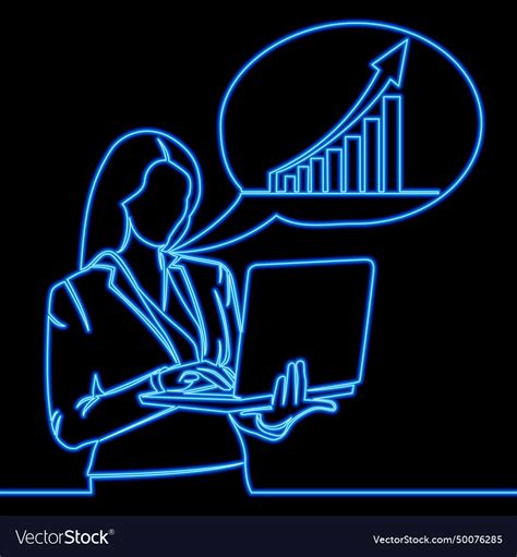 Businesswoman Analyzing Data On Laptop Neon Vector Image