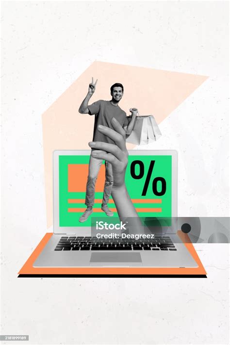 복합 트렌드 삽화 스케치 이미지 사진 콜라주 판매 블랙 프라이데이 마켓 스토어 온라인 구매자 선물 휴대용 퍼스널 컴퓨터 거대한 손 젊은 남자 가방 25 29세에 대한 스톡