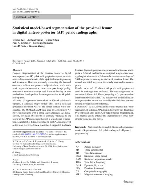 Pdf Statistical Model Based Segmentation Of The Proximal Femur In