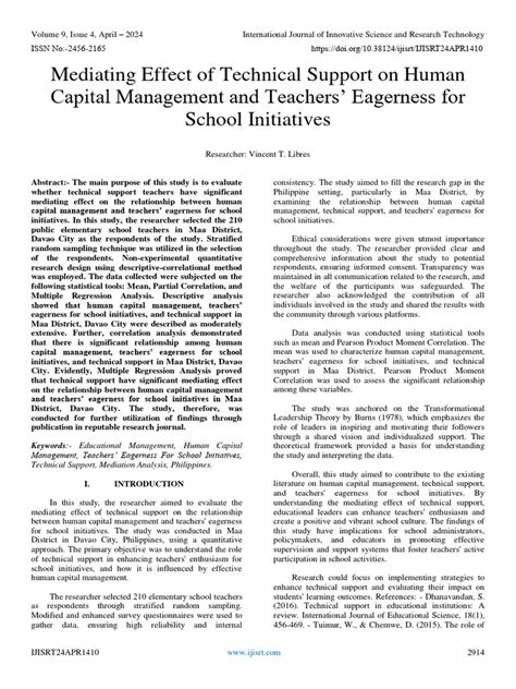 Mediating Effect Of Technical Support On Human Capital Management And Teachers Eagerness For