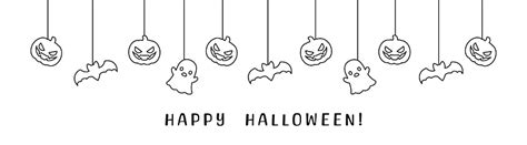해피 할로윈 배너 또는 박쥐 유령 및 잭 오 랜턴 호박 개요 낙서와 테두리 으스스한 장식품 장식 벡터 그림 트릭 또는 치료 파티 초대장 10월에 대한 스톡 벡터 아트 및
