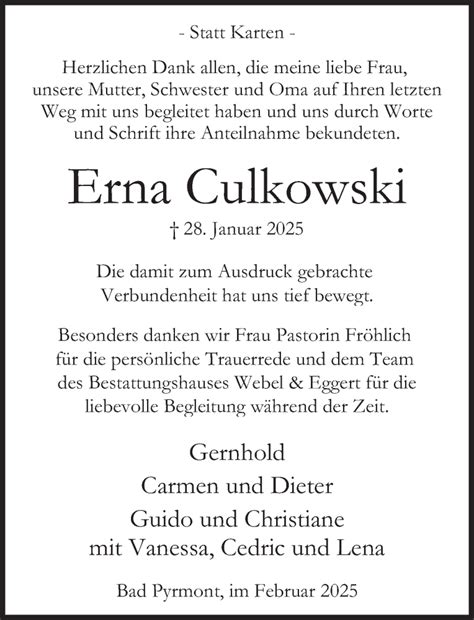Traueranzeigen Von Erna Culkowski Trauerportal Ihrer Tageszeitung