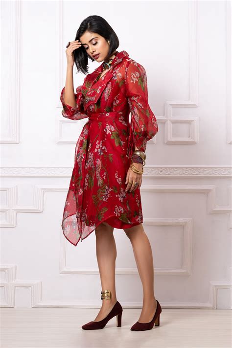 Buy Megha Garg Red Organza Floral Print Jacket And Dress Set Online Aza Fashions
