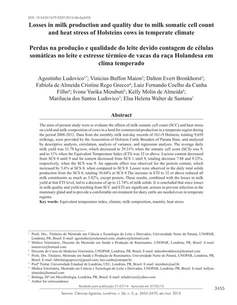 Pdf Losses In Milk Production And Quality Due To Milk Somatic Cell Count And Heat Stress Of