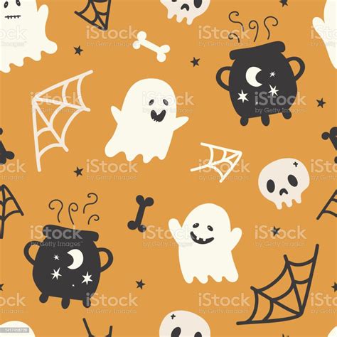 만화 유령과 행복한 할로윈 귀여운 벡터 원활한 패턴 스칸디나비아 스타일의 창의적인 유치한 질감 직물 섬유 벡터 일러스트 레이 션에 적합 0명에 대한 스톡 벡터 아트 및 기타