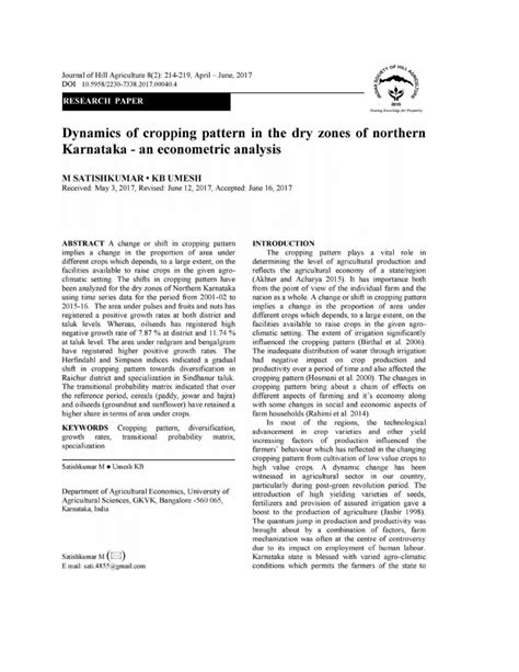 Pdf Dynamics Of Cropping Pattern In The Dry Zones Of Northern Karnataka An Econometric Analysis