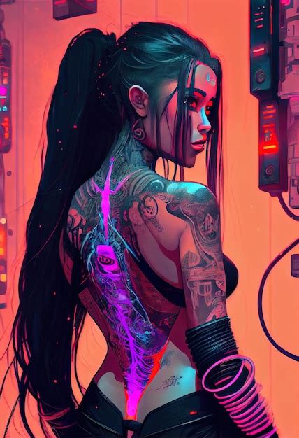 Premium Ai Image Neon Scaled Enigma Gorgeous Cyberpunk Woman With Beautiful Tattoos