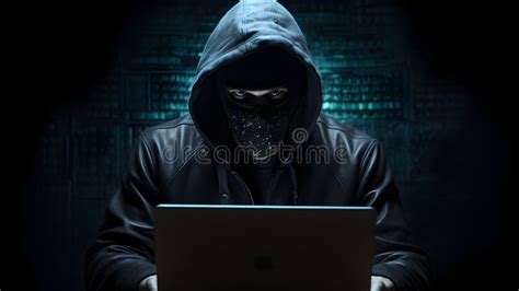 Hacker Man With His Laptop About To Hack And Commit A Cyber Crime Blacked Face Stock