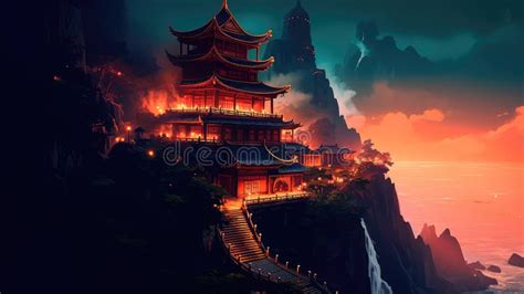 Древний китайский храм генеративный помощник Иллюстрация штока иллюстрации насчитывающей