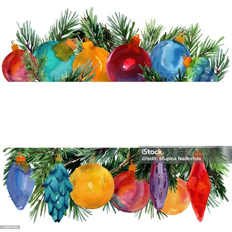 수채화 가문비 나무 가지와 공 장난감 프레임 템플릿입니다 전나무 휴일 국경의 손으로 그린 크리스마스 그림 크리스마스에 대한 스톡 벡터 아트 및 기타 이미지 Istock
