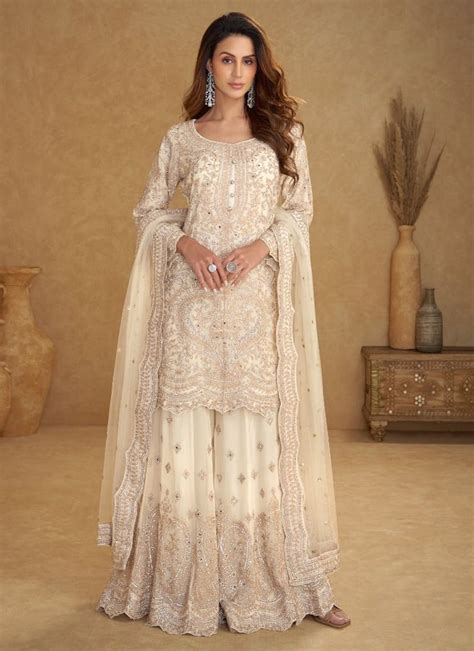 Buy Off White Net Sequins Mirror Work Hand Embroidered Palazzo Suit