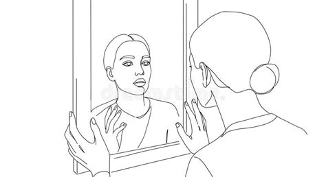 Line Drawing Of A Person Looking In A Framed Mirror Stock Illustration