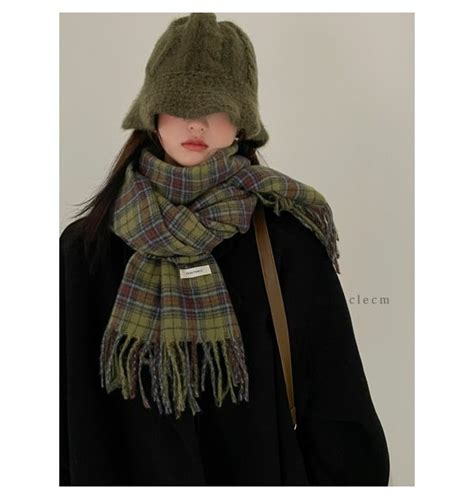 럭셔리 브랜드 빈티지 녹색 체커 스카프 여성용 고품질 따뜻한 목도리 목 개성 가을 겨울107231 티몬