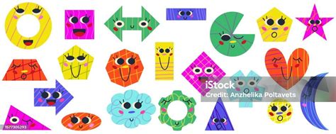 수학 교육을 위한 그림 문자 모양 세트 아이를 위한 기하학적인 귀여운 미소 캐릭터 유치원 게임을 위한 이모티콘 얼굴로 수학을