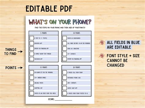 Whats On Your Phone Game Birthday Printable Bridal Shower Game