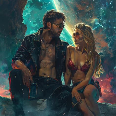 Sexy Couple In Love On The Background Of A Cosmic Landscape Premium