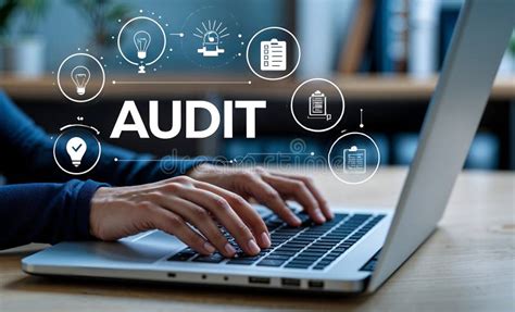 Business Professional Using Laptop For Internal And External Financial Audit Review Stock