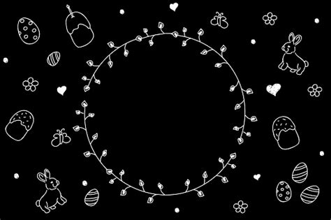 벡터 귀여운 손으로 그린 부활절 가로 배경에는 토끼 부활절 달걀이 있습니다 부활절 선형 기호가 있는 축제 배경 텍스트 공간을 복사합니다 디자인 카드 배너 및 기타 판촉 품목