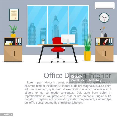 텍스트 공간이 있는 오피스 룸 내부 배너 책상 의자 컴퓨터 책장 벽에 사진 사무용 가구와 현대 비즈니스 작업 공간 벡터 그림입니다 가구에 대한 스톡 벡터 아트 및 기타