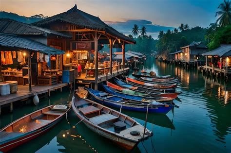 Premium Photo Boats Line The River In Front Of A House With A Man