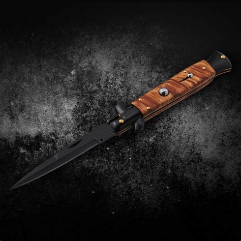 Ніж Викидний на кнопці Чорний Стілет італійський дизайн Рукоятка Деревний Кап Km57 фото