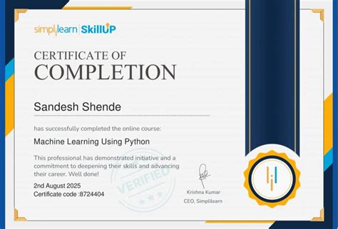 Completed Machine Learning Using Python Course From Simplilearn Skillup Sandesh Prakash Shende