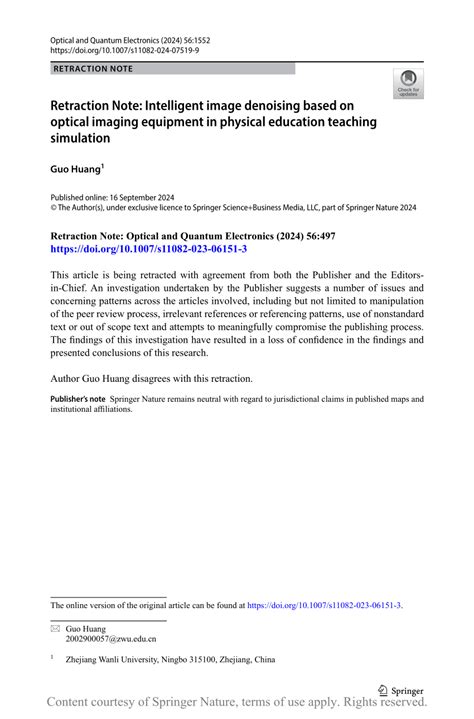 Retraction Note Intelligent Image Denoising Based On Optical Imaging