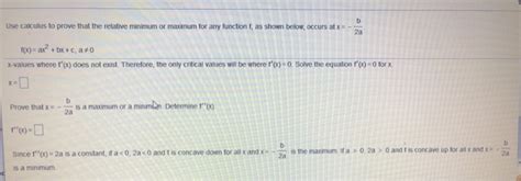 Solved D Use Calculus To Prove That The Relative Minimum Or
