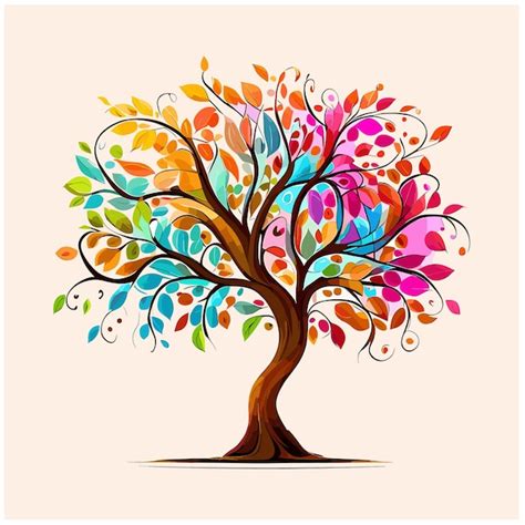 생생한 잎이 나뭇가지에 매달려 있는 우아한 다채로운 나무 프리미엄 벡터