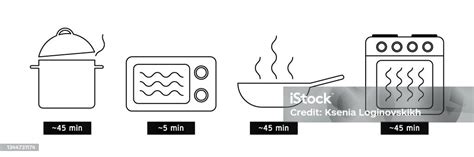 식사 타이머 기호 디자인 끓는 냄비 프라이팬 전자 레인지 와트 및 오븐 밥솥에서 5 분간 조리합니다 설계도에 대한 스톡 벡터 아트 및 기타 이미지 Istock